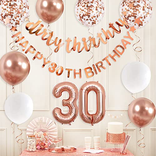 Rose Gold Dirty Thirty Happy 30th Birthday Banner Garland Foil Balloon 30 for Womens 30th Birthday Decorations Hanging Dirty Thirty 30 Year Old 30 Fabulous Birthday Party Supplies Backdrop for Her