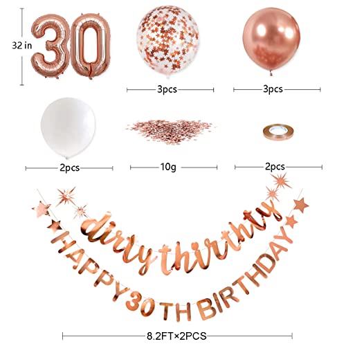 Rose Gold Dirty Thirty Happy 30th Birthday Banner Garland Foil Balloon 30 for Womens 30th Birthday Decorations Hanging Dirty Thirty 30 Year Old 30 Fabulous Birthday Party Supplies Backdrop for Her