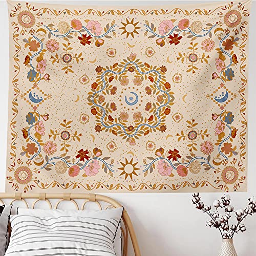 TTYQXZ Wall Tapestry Bohemian - Floral Vine Wall Hanging Celestial Sun Moon and Star Tapestries Hippie Home Decor Boho Tapestry for Bedroom Aesthetic (Cream, Medium (50ʺx 60ʺ))