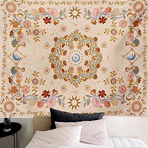 TTYQXZ Wall Tapestry Bohemian - Floral Vine Wall Hanging Celestial Sun Moon and Star Tapestries Hippie Home Decor Boho Tapestry for Bedroom Aesthetic (Cream, Medium (50ʺx 60ʺ))