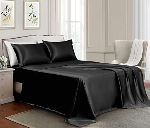 GOLAL Satin Sheets Full Size - 4 Pieces Luxury Silky Soft Bed Sheets, Wrinkle-Free Black Satin Silk Sheet Set with 1 Deep Pocket Fitted Sheet, 1 Flat Sheet, 2 Pillow Cases