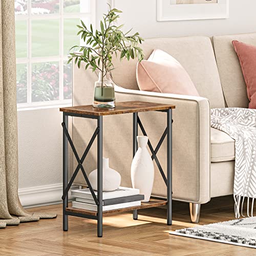 ALLOSWELL Side Tables, Hallway End Tables Set of 2, Narrow Night Stands for Livingroom, Bedroom, with Storage Shelf, Slim Night Tables X-Shaped Design, Industrial Style, Rustic Brown ETHR4801S2