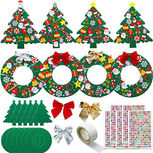 12 Pcs Felt Christmas Tree Wreath Craft Kit Christmas DIY Ornaments with 221 Self Adhesive Christmas Felt Stickers 12 Christmas Bows and 5 Gem Stickers(Wreath and Trees Style, 6 Inch, 7.8 Inch)