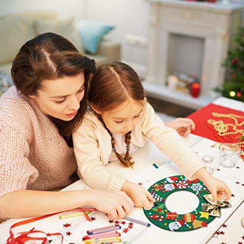 12 Pcs Felt Christmas Tree Wreath Craft Kit Christmas DIY Ornaments with 221 Self Adhesive Christmas Felt Stickers 12 Christmas Bows and 5 Gem Stickers(Wreath and Trees Style, 6 Inch, 7.8 Inch)