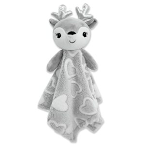 june garden cozy dream fleece baby security blanket - infants nursery bed blankets - 15 x 15 inches lovey - stuffed deer animal plush - grey