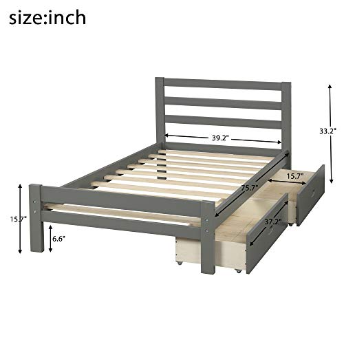 Twin Bed Frame with Drawers, Twin Bed Frame with 2 Storage Drawers, Wood Twin Platform Bed with Headboard for Kids Teens Boys Girls Adults, No Box Spring Needed, Easy Assembly, Grey