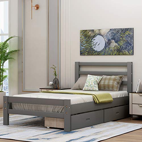 Twin Bed Frame with Drawers, Twin Bed Frame with 2 Storage Drawers, Wood Twin Platform Bed with Headboard for Kids Teens Boys Girls Adults, No Box Spring Needed, Easy Assembly, Grey