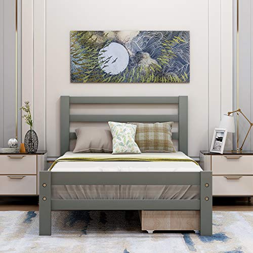 Twin Bed Frame with Drawers, Twin Bed Frame with 2 Storage Drawers, Wood Twin Platform Bed with Headboard for Kids Teens Boys Girls Adults, No Box Spring Needed, Easy Assembly, Grey