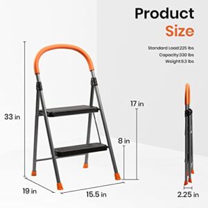 2 Step Ladder, Folding Metal Step Stool for Adults, Portable Steel Foldable Step Ladder for Heavy Duty, Wide Anti-Slip Pedal, Lightweight and Sturdy