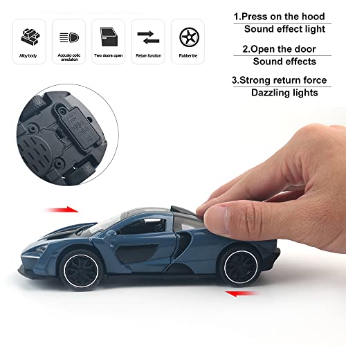 Diecast Toy Car McLaren Senna Sports Car Model,Zinc Alloy Simulation Casting Pull Back Vehicles,1:32 Scale Mini Electronic Supercar Toys with Lights and Music for Toddlers Kids Children Gift (Blue)