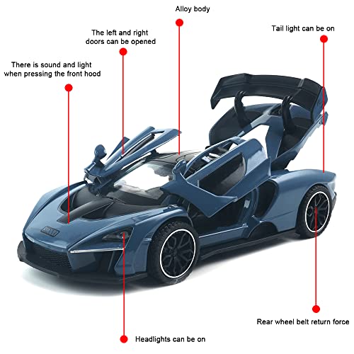 Diecast Toy Car McLaren Senna Sports Car Model,Zinc Alloy Simulation Casting Pull Back Vehicles,1:32 Scale Mini Electronic Supercar Toys with Lights and Music for Toddlers Kids Children Gift (Blue)