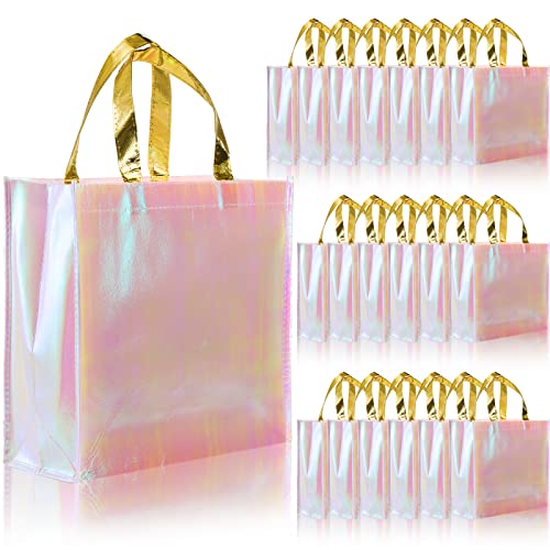 Lyellfe 20 Pieces Glossy Reusable Grocery Bag, Pink Non Woven Tote Bag with Handles, Fashionable Bridesmaid Gift Bag, Durable Shopping Bag for Wedding, Bachelorette Birthday Party