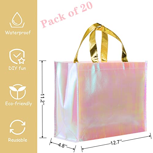 Lyellfe 20 Pieces Glossy Reusable Grocery Bag, Pink Non Woven Tote Bag with Handles, Fashionable Bridesmaid Gift Bag, Durable Shopping Bag for Wedding, Bachelorette Birthday Party