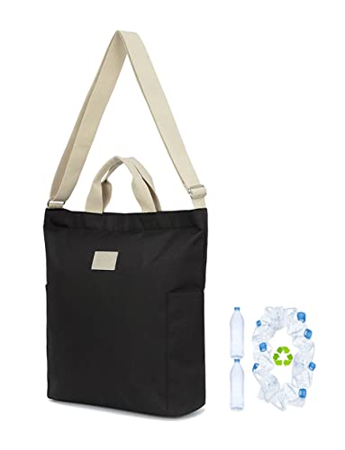 I WAS PLASTIC Recycled Polyester Laptop Tote Bag with Zipper and Pockets, Water Repellent, Fit 13" Laptop, Crossbody Bag. (BLACK)