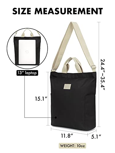 I WAS PLASTIC Recycled Polyester Laptop Tote Bag with Zipper and Pockets, Water Repellent, Fit 13" Laptop, Crossbody Bag. (BLACK)