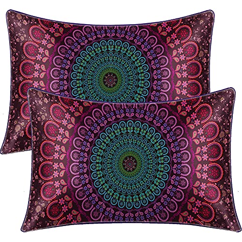 BlessLiving Satin Pillow Case for Women - 2 Pack Bohemian Standard(20''x26'') Mandala Pillowcase - Set of 2 Red Boho Silk Pillowcase with Envelope Closure