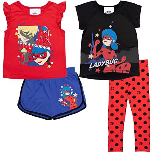 Miraculous Ladybug Cat Noir Big Girls 4 Piece Outfit Set: T-Shirt Tank Top Legging Shorts Black/Red 10-12