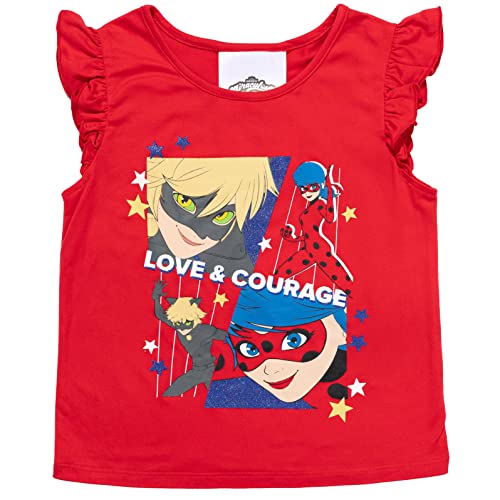 Miraculous Ladybug Cat Noir Big Girls 4 Piece Outfit Set: T-Shirt Tank Top Legging Shorts Black/Red 10-12