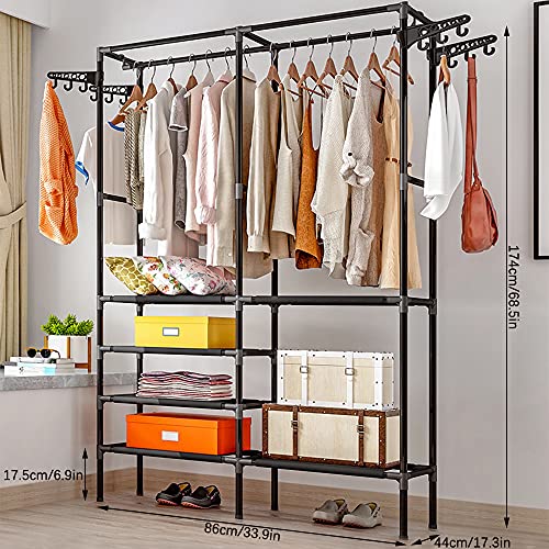 STONCEL 5-Tiers Metal Garment Clothes Rack with Shelves Freestanding Clothing Rack for Hanging Clothes Double Rods and 4 Side Hook, 33.8" L x 17.3" W x 68.5" H