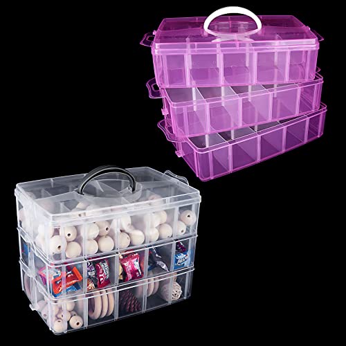 2 Pack 3-Tier Stackable Storage Container Box, Crafts Storage Box with 30 Adjustable Compartments, Plastic Organizer Box for Arts and Crafts, Toy, Fuse Beads, Washi Tapes, Jewelry - 9.4"x6.5"x7.2", Pink & Transparent