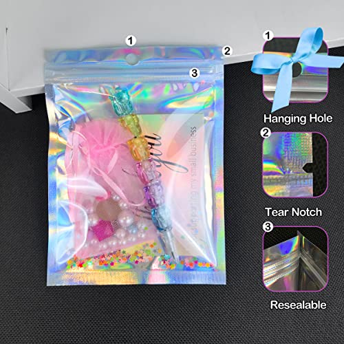 Trunple 100 Pcs Holographic Resealable Packaging Bags for Small Business Supplies, Cute Small Plastic Color Smell Proof Ziplock Foil Pouch Baggies for Lip Gloss Soap Party Food Storage (4x6 inch)