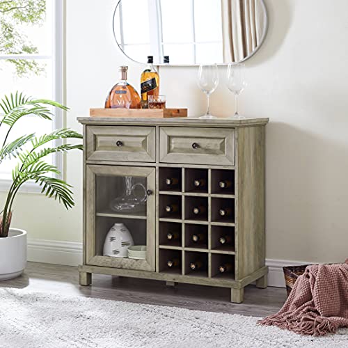 Home Source Small Bar Cabinet in Grey Wash with Glass Door