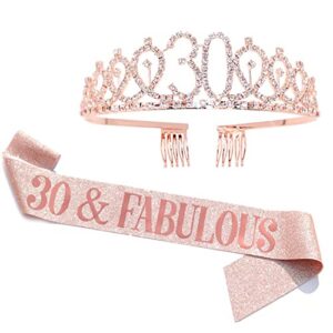 30th birthday gift for women, 30th birthday tiara, sash for 30 year old rose gold birthday party decoration and supplies with gift box, 2pcs