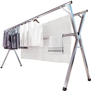 jauree 95 inches clothes drying rack clothing folding indoor outdoor, heavy duty stainless steel laundry drying rack, foldable portable garment rack with 20 windproof hooks