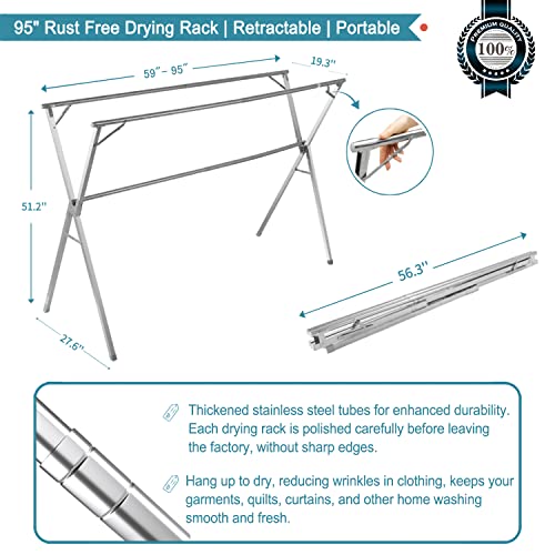 JAUREE 95 Inches Clothes Drying Rack Clothing Folding Indoor Outdoor, Heavy Duty Stainless Steel Laundry Drying Rack, Foldable Portable Garment Rack with 20 Windproof Hooks