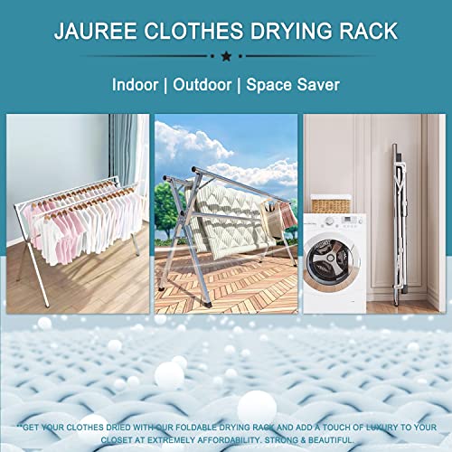 JAUREE 95 Inches Clothes Drying Rack Clothing Folding Indoor Outdoor, Heavy Duty Stainless Steel Laundry Drying Rack, Foldable Portable Garment Rack with 20 Windproof Hooks