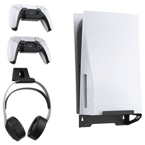 nexigo wall mount set for playstation 5 (disc & digital), [space saving & improved airflow] sturdy steel wall stand holder mount ps5 console near or behind tv w/controller holder & headphone hanger