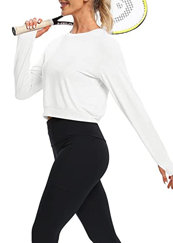 Bestisun Athletic Long Sleeve Workout Tops Loose Fit Long Sleeves Sports Running Shirts Dance Athletic Tops for Women Yoga Gym Shirts White S