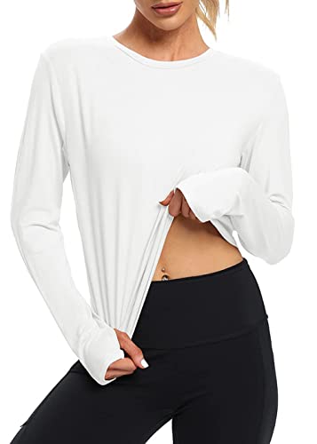 Bestisun Athletic Long Sleeve Workout Tops Loose Fit Long Sleeves Sports Running Shirts Dance Athletic Tops for Women Yoga Gym Shirts White S