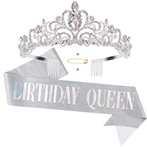 casoty birthday queen sash & rhinestone tiara set, ab rhinestones birthday crowns for women, happy birthday queen tiara for women with comb, birthday tiara for women, birthday sash and tiara for women