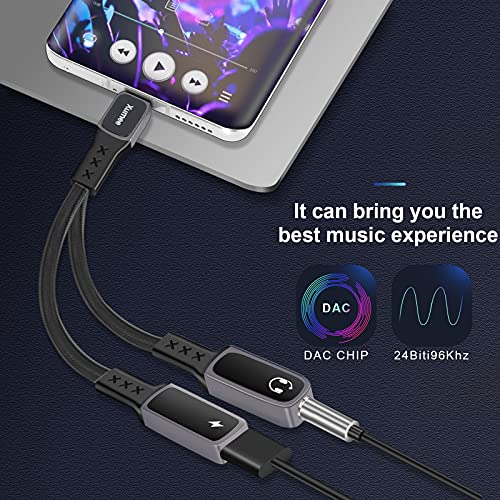 Xumee USB C to 3.5mm Audio Adapter and Charger, 2-in-1 USB-C Splitter Aux and Charging, Type C Headphones Jack Dongle Compatible with iPhone 15/15 Pro Max, Galaxy S23 S22 S21 S20 S20+ (Grey)