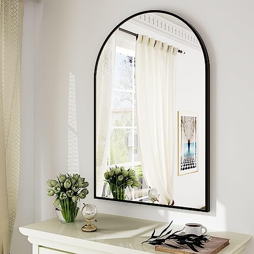 HARRITPURE 26" x 38" Wall Mirror Arched Bathroom Mirrors Aluminum Alloy Frame Contemporary Hanging Vanity Mirror for Bathroom Living Room Bedroom Entryway, Black