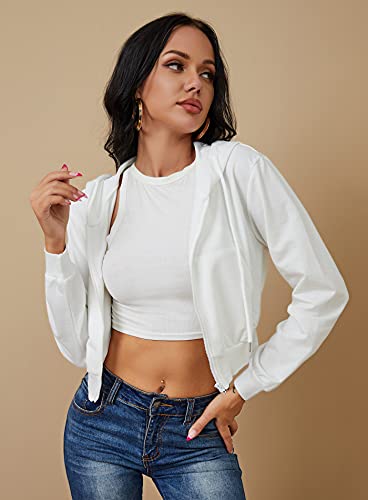 milanpavilion Women's Zip Up Hoodies Cropped Cardigan Jacket Drawstring Hooded Sweatshirts Casual Long Sleeve Top A-white