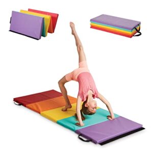 hearthsong 5-panel colorful rainbow folding kids' gymnastics tumbling mat for active play, with carrying handles, 77 inches long x 30 inches wide