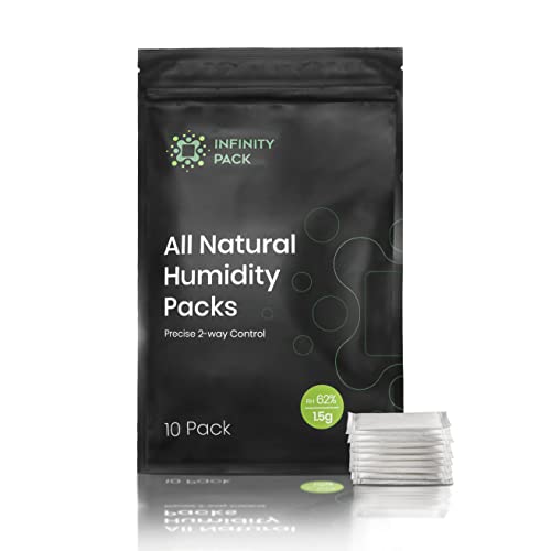 Infinity Pack 62% RH 1.5 g Humidity Packs (10 Pcs) - Natural Plant Based Solution for Storing up to 3.5 g Herbs - 2 Way Humidification - Patented Moisture Control Technology - with Resealable Bag