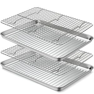 Stainless Steel Baking Sheet with Rack Set [2 Pans + 2 Racks], Cookie Sheet with Cooling Rack, Size 16 x 12 x 1 Inch, Non Toxic & Heavy Duty & Easy Clean (16 x 12 x 1 inch)