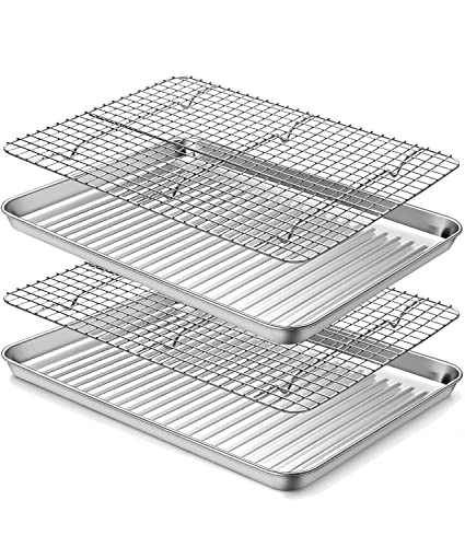 Stainless Steel Baking Sheet with Rack Set [2 Pans + 2 Racks], Cookie Sheet with Cooling Rack, Size 16 x 12 x 1 Inch, Non Toxic & Heavy Duty & Easy Clean (16 x 12 x 1 inch)