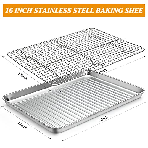 Stainless Steel Baking Sheet with Rack Set [2 Pans + 2 Racks], Cookie Sheet with Cooling Rack, Size 16 x 12 x 1 Inch, Non Toxic & Heavy Duty & Easy Clean (16 x 12 x 1 inch)