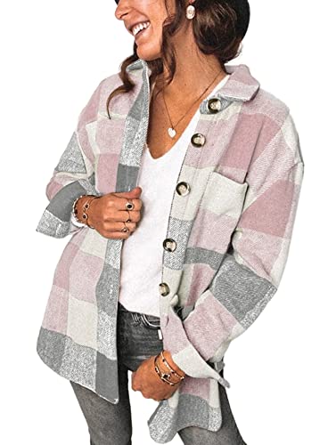 PRETTYGARDEN Women's 2023 Fall Clothes Plaid Shacket Jacket Long Sleeve Button Down Flannel Shirts Fashion Blouse(Pink,Medium)