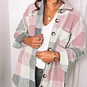 PRETTYGARDEN Women's 2023 Fall Clothes Plaid Shacket Jacket Long Sleeve Button Down Flannel Shirts Fashion Blouse(Pink,Medium)