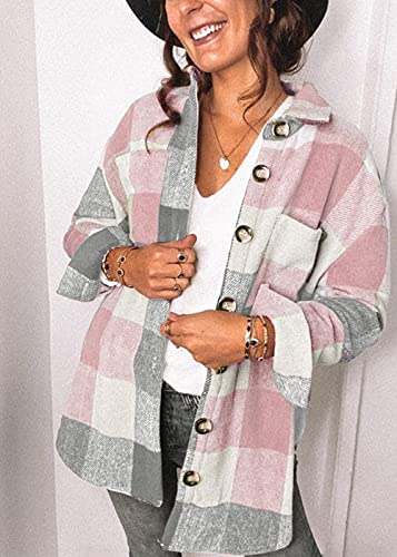 PRETTYGARDEN Women's 2023 Fall Clothes Plaid Shacket Jacket Long Sleeve Button Down Flannel Shirts Fashion Blouse(Pink,Medium)