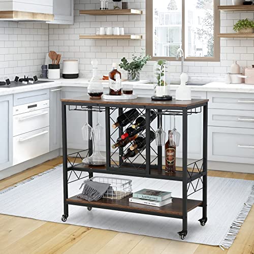 AVAWING Wine Rack Table, Industrial Metal Home Bar & Serving Carts Coffee Bar Cabinet with Lockable Wheels, Storage and Glass Holder for Living Room, Kitchen (Brown)