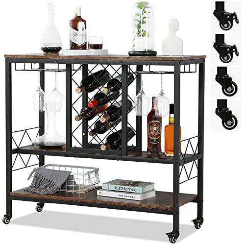 AVAWING Wine Rack Table, Industrial Metal Home Bar & Serving Carts Coffee Bar Cabinet with Lockable Wheels, Storage and Glass Holder for Living Room, Kitchen (Brown)