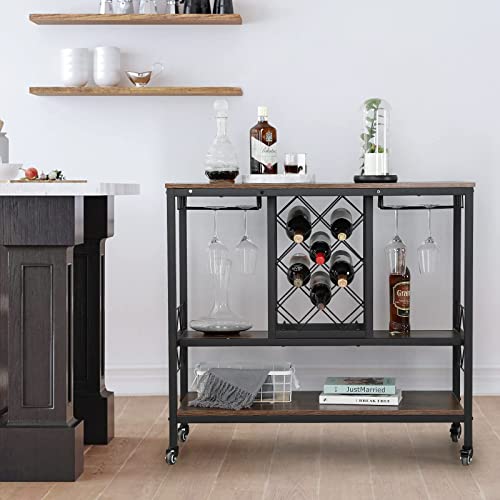 AVAWING Wine Rack Table, Industrial Metal Home Bar & Serving Carts Coffee Bar Cabinet with Lockable Wheels, Storage and Glass Holder for Living Room, Kitchen (Brown)