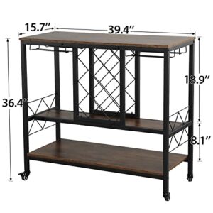 AVAWING Wine Rack Table, Industrial Metal Home Bar & Serving Carts Coffee Bar Cabinet with Lockable Wheels, Storage and Glass Holder for Living Room, Kitchen (Brown)