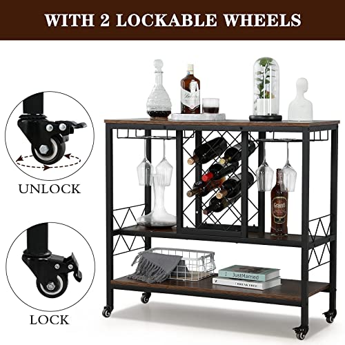 AVAWING Wine Rack Table, Industrial Metal Home Bar & Serving Carts Coffee Bar Cabinet with Lockable Wheels, Storage and Glass Holder for Living Room, Kitchen (Brown)